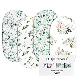 GLLQUEN BABY Bassinet Sheets 4 Pack, Breathable Cozy Fitted Mattress Sheet, Elastic Travel Crib Fashionable Floral Pattern, Standard Cradle Safe Sheets for Baby Boy Girls 32"X16"(Greenery)