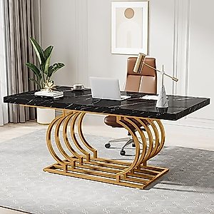 Tribesigns 63" Modern Office Desk, Black and Gold Executive Desk, Large Computer Desk Home Office Desk with Gold Metal Frame, Wood Workstation Study Writing Desk