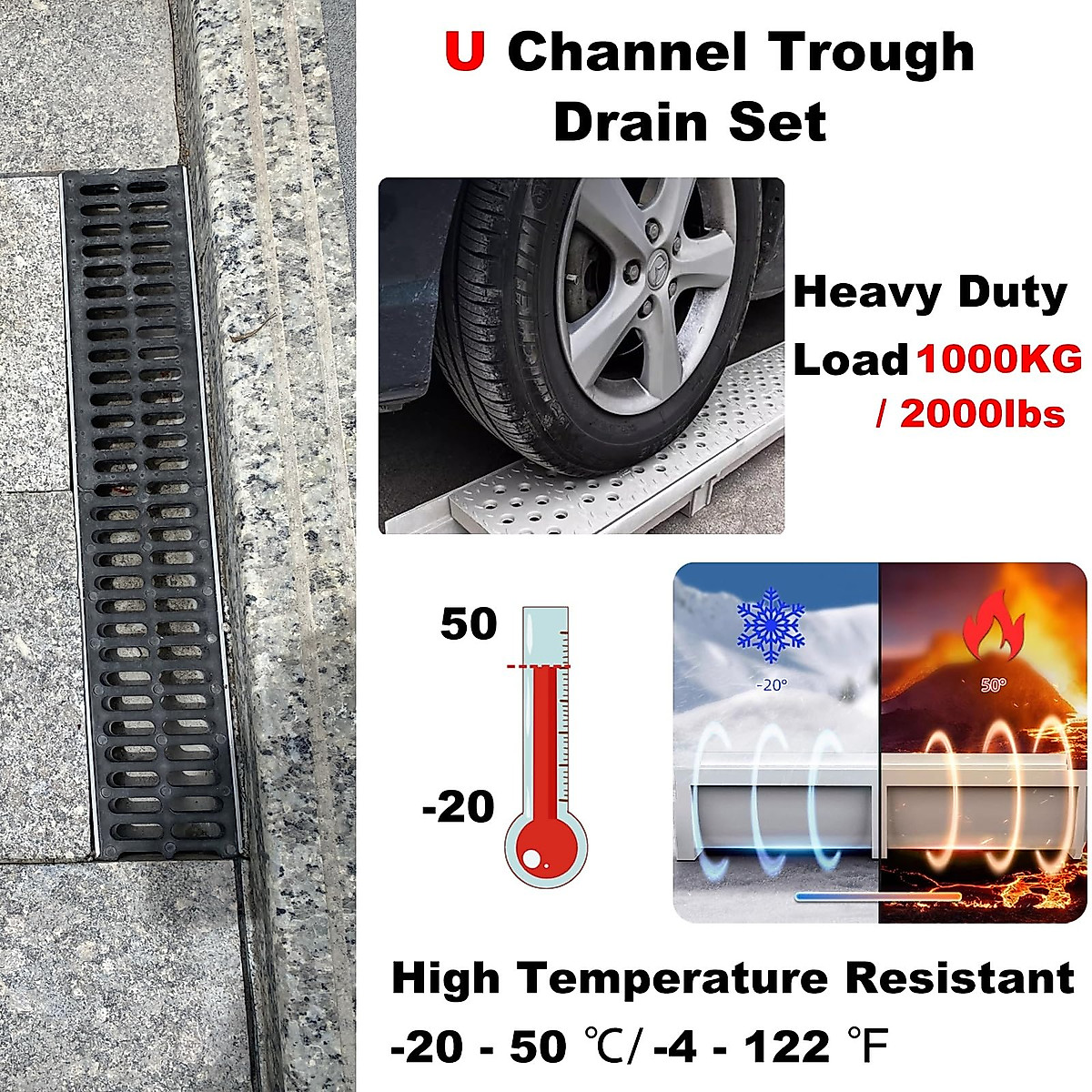 Channel Drain for Pavers 16 12 8 6 4 Inch Wide, Heavy Duty Driveway Trench Drain with Resin Grate, Patio Deck Yard Water Drain Channel Indoor Bath Kitchen Drainage System(100x15x15cm/39.4x5.9x5.9in)