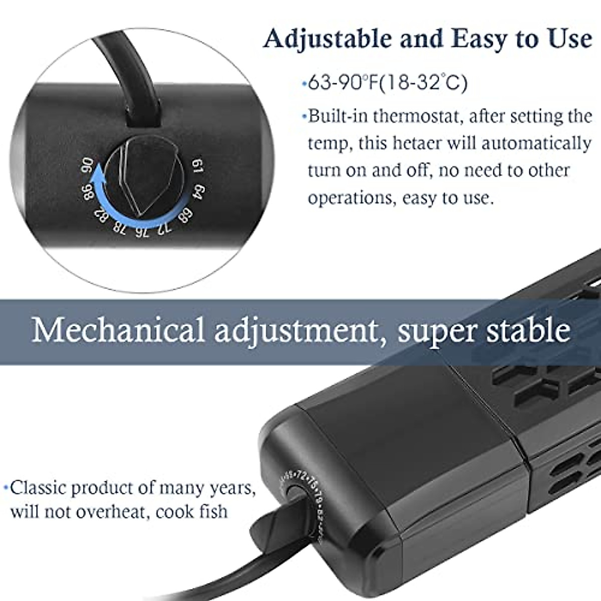 HITOP PTC Adjustable Aquarium Heater, Sturdy Fish Tank Heater with Protective Cover, 100W/200W/300W/400W Heater for Fresh/Saltwater Fish/Turtle Tank up to 120 Gallon