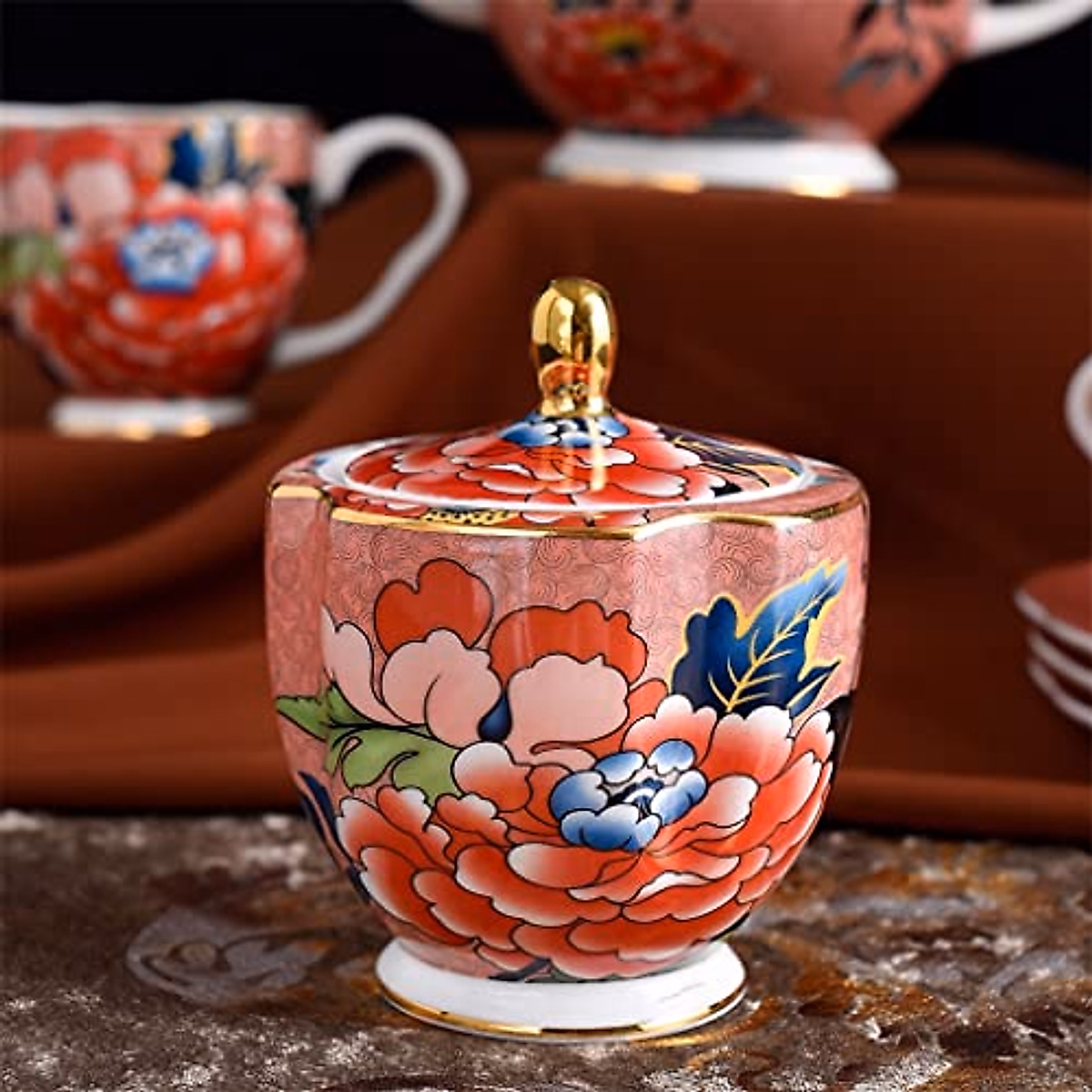 DNATS 15pcs European Style Bone China Coffee Set Golden Porcelain Tea Set Afternoon Teapot Sugar Bowl Milk Jug Coffeeware (Color : E)