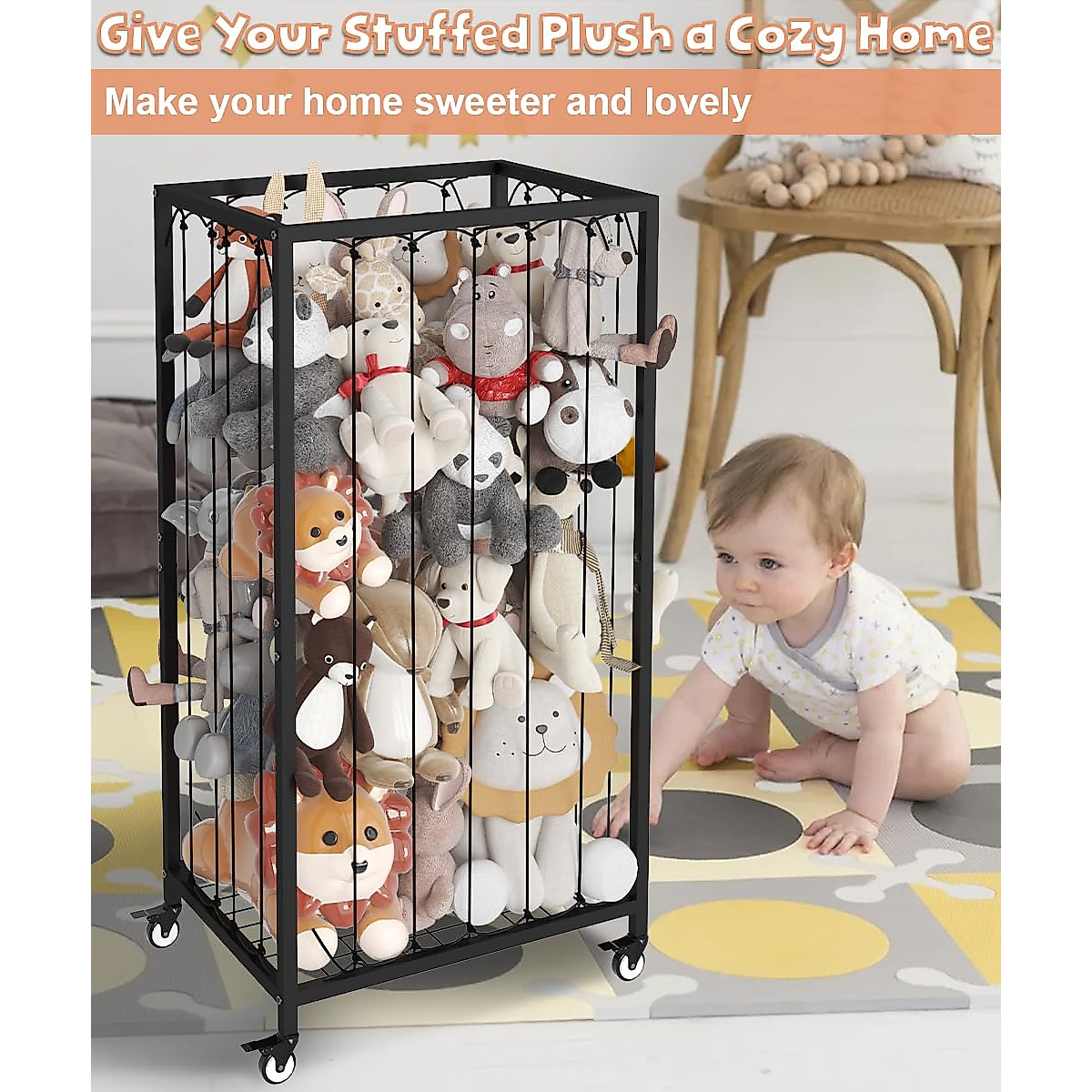 Ardier Stuffed Animal Storage Organizer with Wheels, Stuffed Animal Zoo Shelf with Elastic Rope for Nursery, Play Room, Bedroom, Kids Plush Toy Holder for Boys and Girls, Black.