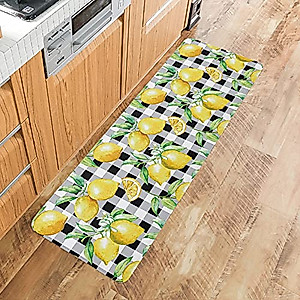 SUN-Shine Watercolor Yellow Lemon Buffalo Plaid Kitchen Rug Set 2 Pieces Cushioned Kitchen Floor Mats Comfort Soft Standing Doormat, Non Slip Rugs and Runner Black White