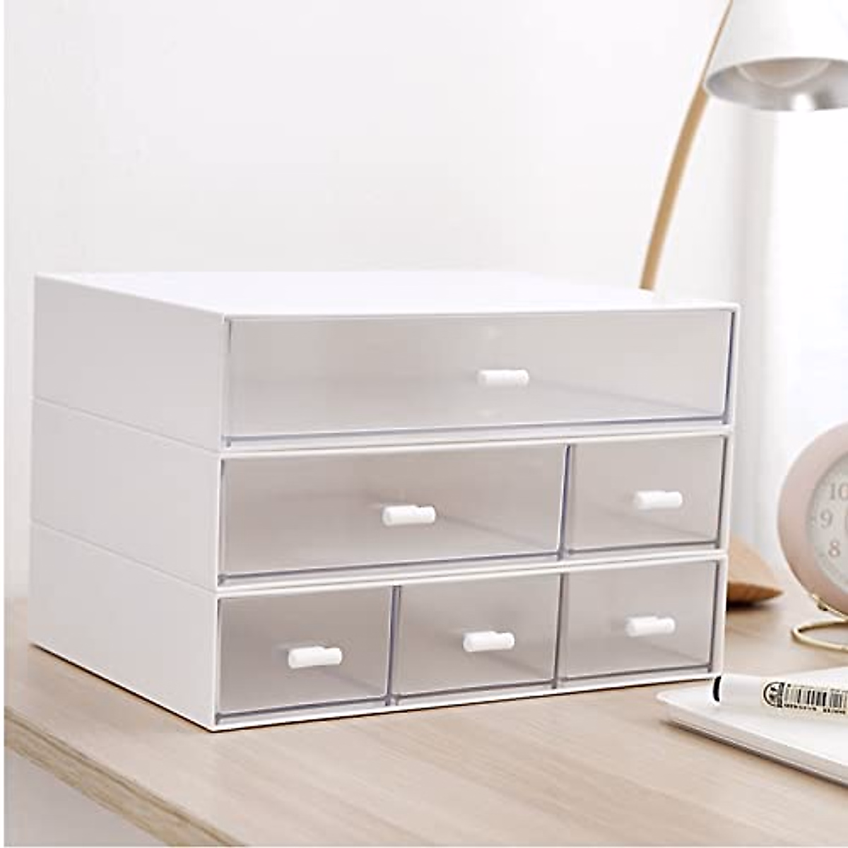 Vowcarol Desk Organizer Bathroom Organization Boxes, Desk Storage Box with 6 drawers, Plastic Makeup Organizer, Desktop Organizer for Office School Home (White)