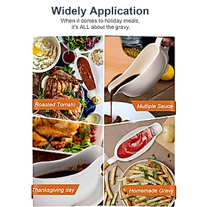 Nucookery Large 17 Oz Gravy Boat and Tray | Ergonomic Handle | White Fine Porcelain Saucier With Big Dripless Lip Spout For Gravy, Warming Sauces, Salad Dressings, Milk | Microwave & Freezer Safe