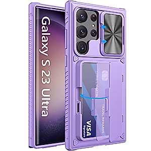 Vihibii Wallet Phone Case for Samsung Galaxy S23 Ultra 5G with Slide Camera Protection Cover, Built-in Card Holder (4 Cards) & Kickstand, Shockproof Rugged 6.8" 2023, Purple