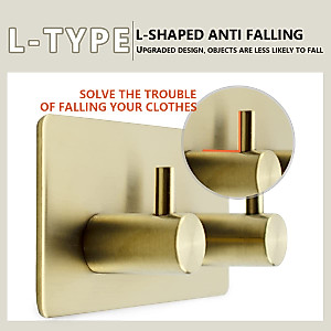 SANATO Wall Hooks Self Adhesive for Hanging, Wall Hanger 2 Hooks Coat Hooks Heavy Duty and Waterproof(Gold, 2 Pack)