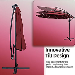 SUNLAX Solar Offset Umbrella, 10ft Cantilever Hanging Burgundy Umbrella with 32 LED Lights Market Deck Patio Umbrellas Cross Base Included