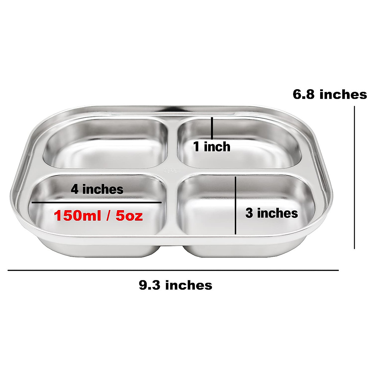 Korean Stainless Steel Divided Plates by KS&E, Little Kids Toddlers Babies Tray, BPA Free, Diet Food Control, Compact Serving Platter, Dinner Snack, 4 Compartment Plate Silver, Set of 2
