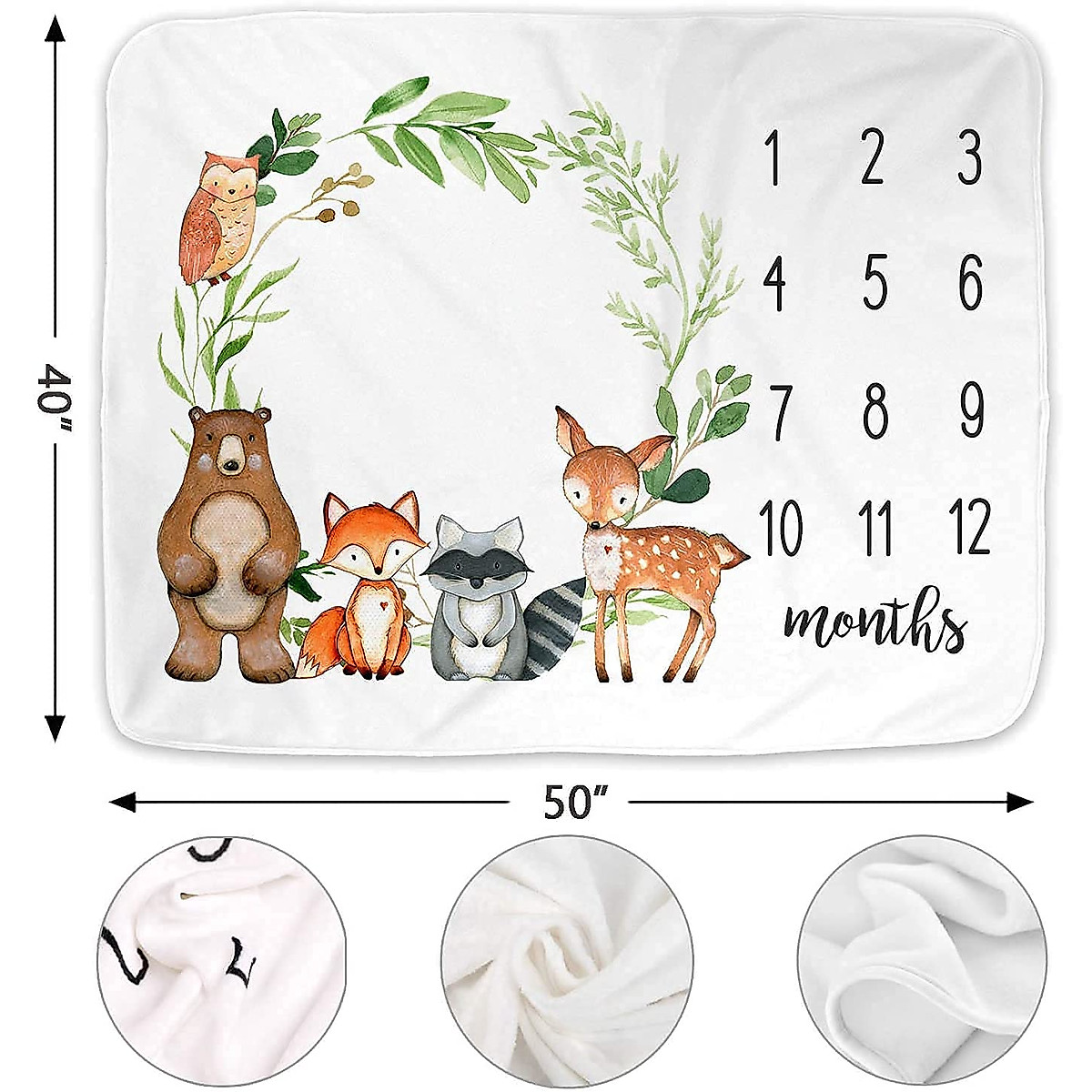 Woodland Baby Monthly Milestone Blanket, Woodland Animals Baby Growth Chart Monthly Blanket, Woodland Forest Nursery Decor, Includes Marker (50@)