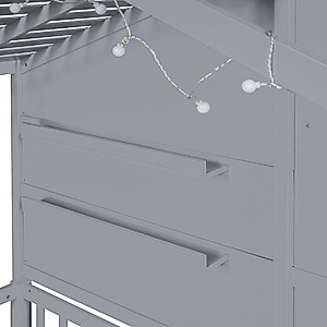 SOFTSEA Twin Size Low House Loft Bed with Shelves, Low Wood Bed Frame with Window and Sparkling Light Stripe on The Roof, House Shaped Low Loft Bed for Kids