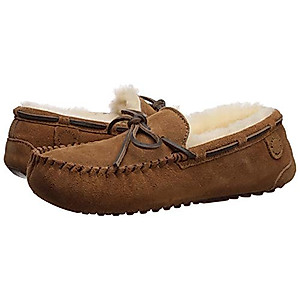 Dearfoams Women's Fireside Water Resistant Indoor/Outdoor Shearling Victoria Moccasin with Tie Slipper, Chestnut,8