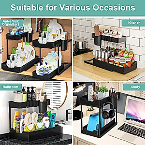 Under Sink Organizers and Storage 2 Pack, Sliding Under Kitchen Sink Storage 2 Tier Bathroom Cabinet Organizer with 8 Hooks & 2 Hanging Cups Multi-Use Under Sink Shelf for Kitchen Bathroom, Black