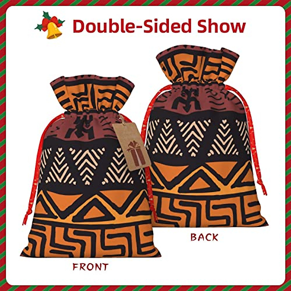 African Mud Cloth Tribalchristmas Drawstring Gift Bag, Linen Drawstring Gift Bag, Reusable Drawstring Gift Bag, Used For Christmas, Birthday, Wedding Supplies