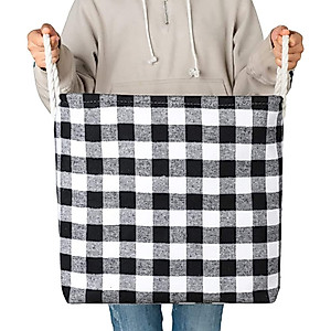 Large Rectangular Decorative Storage Bins Foldable Laundry Hamper Baskets Buffalo Grid Pattern with Rope Handles for Blankets, Toys, Nursery, White Black Grid, L