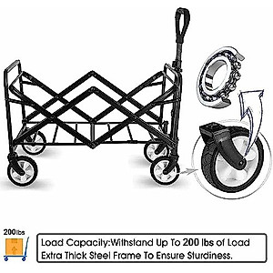 Collapsible Foldable Wagon, Beach Cart Large Capacity, Heavy Duty Folding Wagon Portable, Collapsible Wagon for Sports, Shopping, Camping (Black, 1 Year Warrant)
