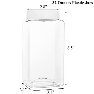 Fasmov 9 Pack 32 Oz Square Plastic Jars with White Lids, Wide Mouth Clear Square Empty Plastic Slime Storage Containers for Crafts, Dry Food, Peanut Butter, Honey and Jam Storage - BPA Free