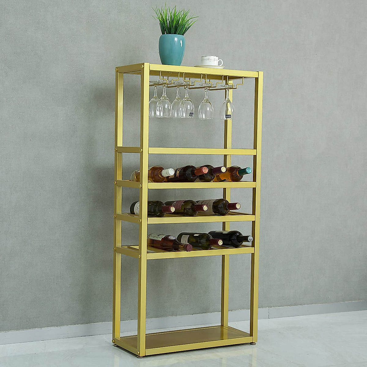 18 Bottles Metal Wine Rack 6-Tier Free Standing Wine Holder with Glass Holder, Heavy Duty Wine Bottle Organizer with Storage Shelf, Display Stand Rack with Wheels, Gold, 23.6''L x 9.8''W x 47.2''H