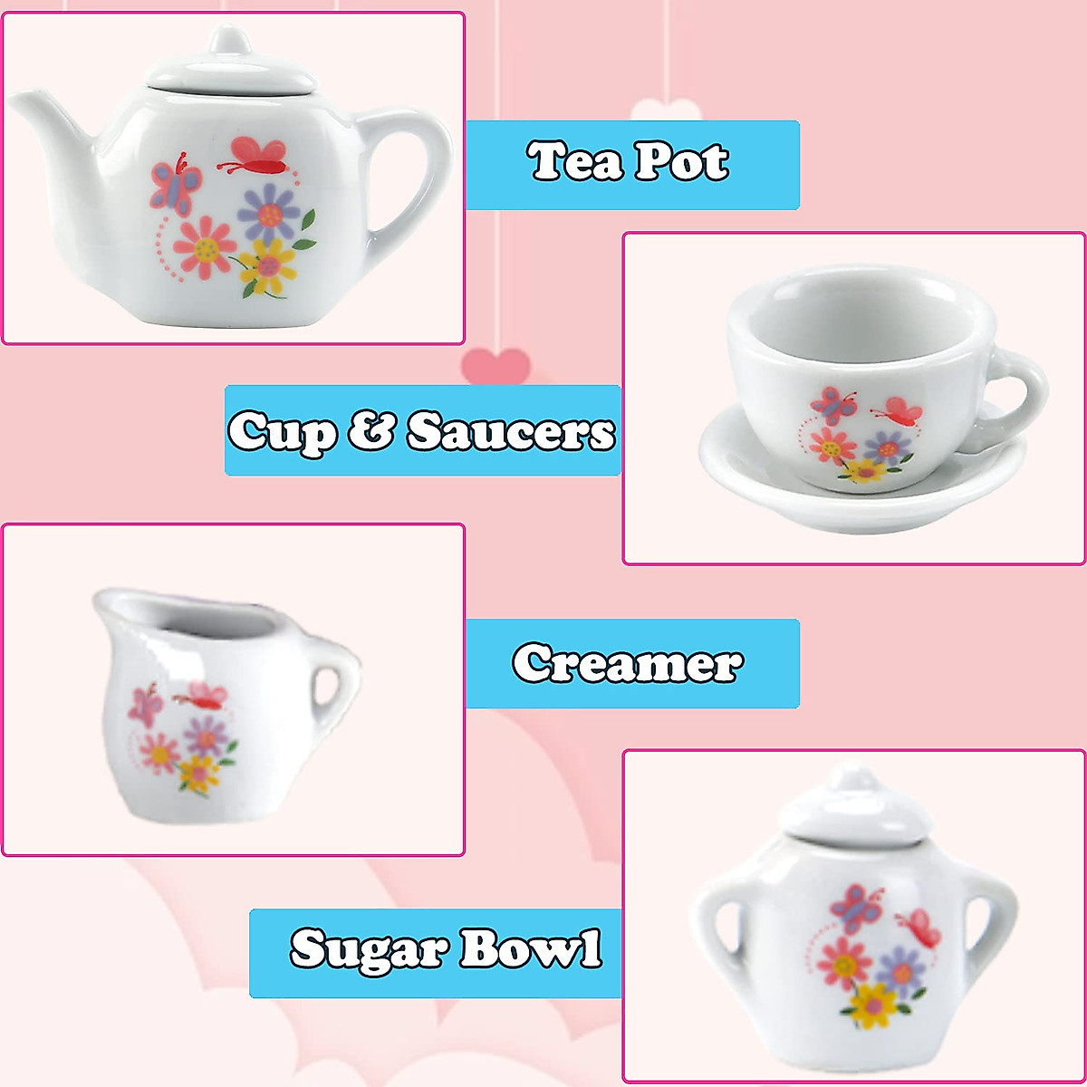 Liberty Imports 16 Piece Rose Flower Miniature Porcelain Ceramic Tea Set | Kids Toy Mini Pretend Play Kitchen Decorated Playset | Small Party Accessories Teapot, Cups, Sugar Bowl and Creamer