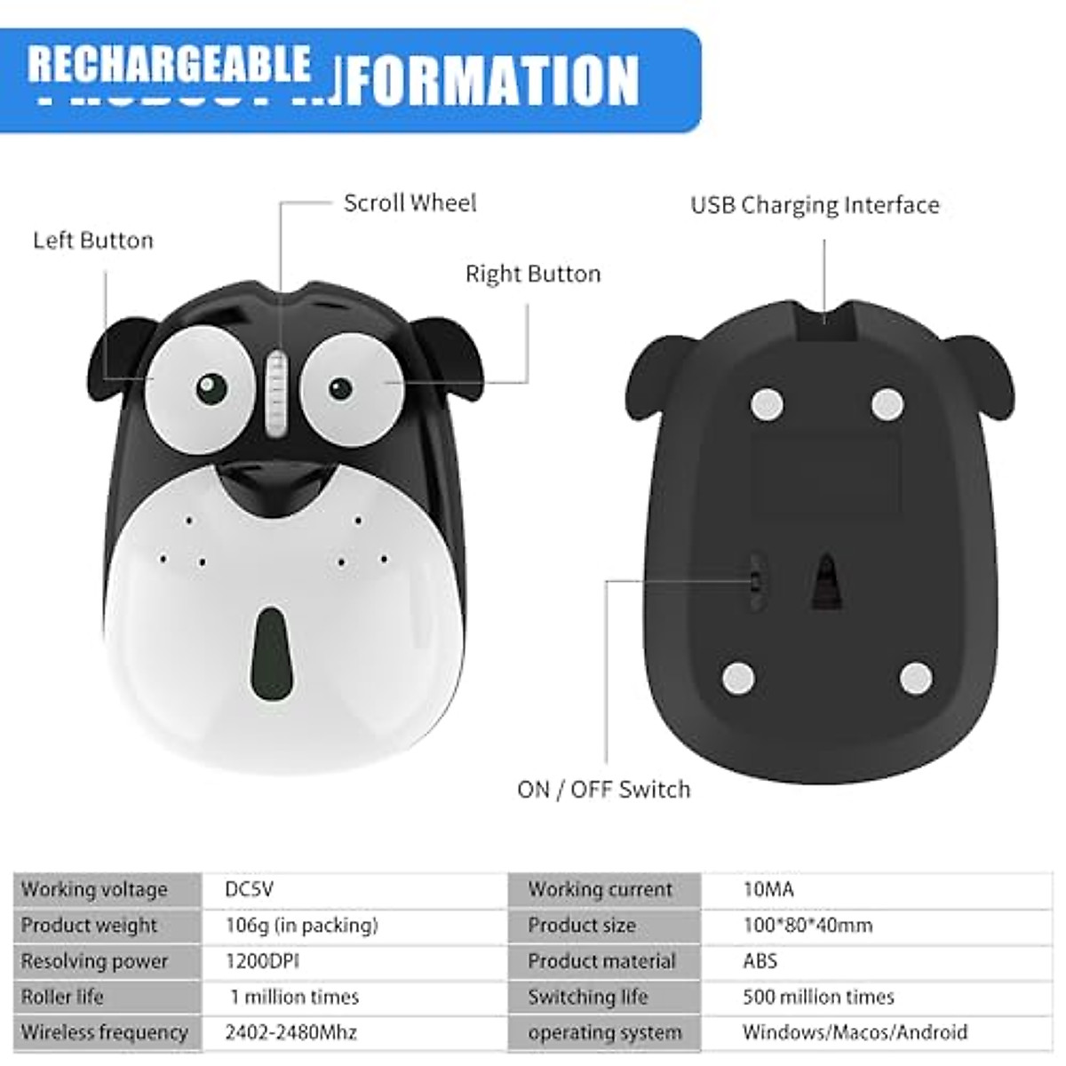 FLY WAY Cute Wireless Mouse, Cartoon Dog 2.4GHz Rechargeable Cordless Mouse with Nano USB Receiver Children Mice Kids Gaming Mouse for Notebook,Laptop,PC,Desktop (black)