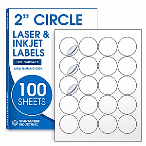 2" Circle Printable Labels Compatible with Inkjet and Laser Printers - 100 Sheets, 2000 Matte White Round Stickers for Product Labeling, Packaging, Organization - Spartan Industrial