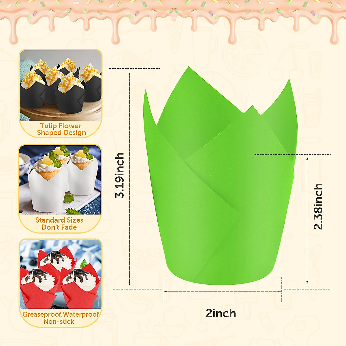 Xinlife Green Cupcake Liners 100Count Baking Cups Standard Tulip Paper Greaseproof Muffin for Wedding Birthday Christmas Party Baby Shower Anniversaries All Festivals