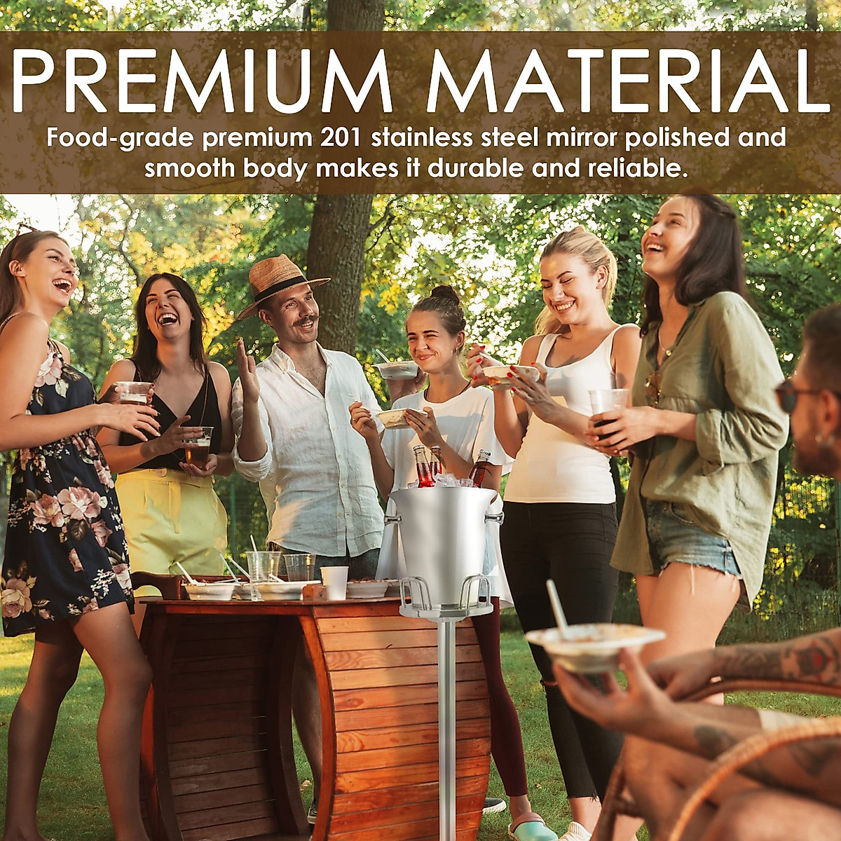 Silver Ice Bucket with Stand, Handles, Scoop and Bottle Opener, 1.3 Gallon Ice Cooler Bucket for Beer, Wine Chiller, Outdoor or Indoor Use