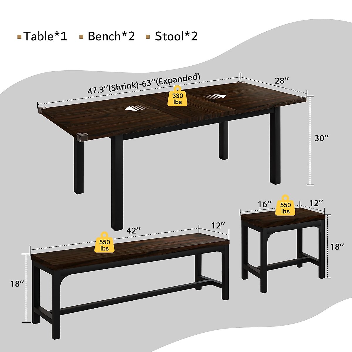 iPormis 5-Piece Dining Table Set for 4-8 People, Extendable Kitchen Table Set with 2 Benches and 2 Square Stools, Mid-Century Dining Room Table with Metal Frame & MDF Board, Saving Space, Espresso