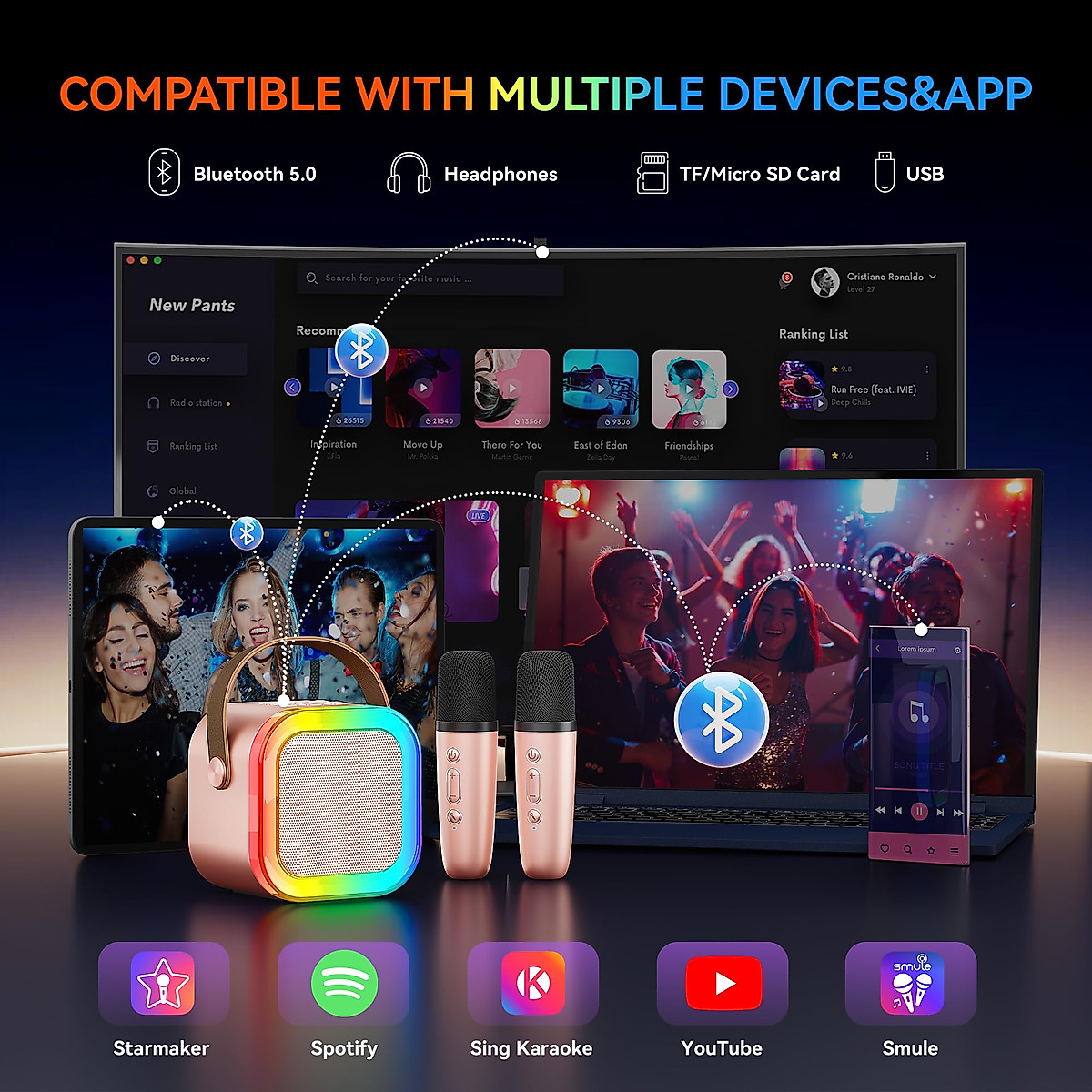 Karaoke Machine for Kids Adults, Portable Bluetooth Mini Karaoke Microphone Singing Speaker with 2 Wireless Mic and Light,Toys for All Smartphones,Birthday, Family,Home Party (Rose Gold)