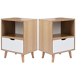 SWEETGO Nightstand Set of 2, 2-Tier End Table with Drawer and Shelf Storage, Side Table Accent Table for Bedroom, Living Room, Natural