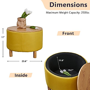 Simple&Opulence Modern Round Storage Coffee Table Ottoman for Living Room Bedroom, Accent Drum Side Table, Nightstand, Footstool, Sofa End Table with Wood Lid Tray and Solid Wood Legs (Yellow)