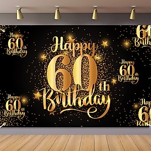 NC Happy 60th Birthday Backdrop Banner Step and Repeat 60 Years Old Background Decorations for Women Men Her Him Photography Party Supplies Glitter Black Gold