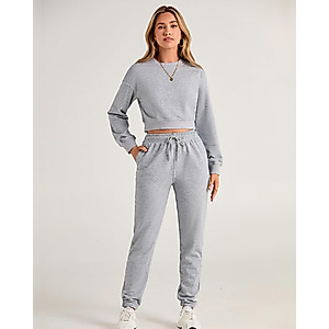 BTFBM Women 2 Piece Outfits Long Sleeve Crop Top Pullover Drawstring Pant Jogger Set Casual Sweatsuits Tracksuit Pockets(Grey, Small)