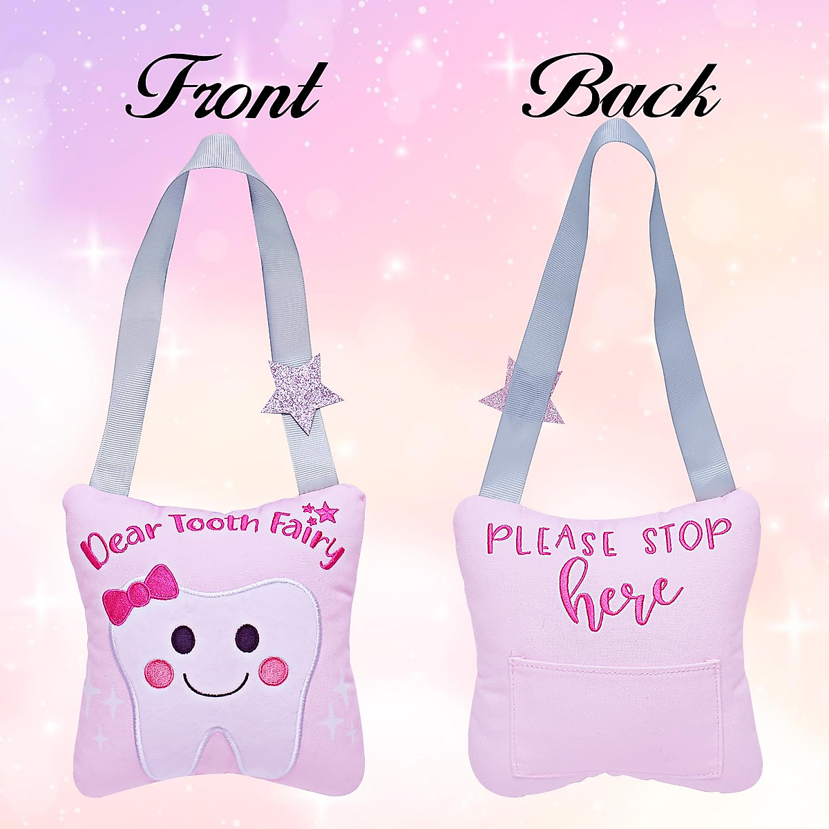 Tooth Fairy Pillow with Pocket for for Girls and Boys Kids，Tooth Keepsake Pouch Tooth Fairy Bag on Back Toothfairy Gift，5.9 x 5.9 inches (Pink)