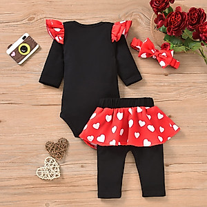 HINTINA Infant Baby Girl My First Valentine's Day Outfits Ruffles Long Sleeve Romper Heart Pants Headband Clothes Set(Black, 3-6M