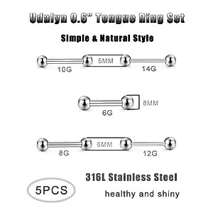 Udalyn 5Pcs Stainless Steel Tongue Ring Internally Threaded Straight Body Piercing Set 6-14G