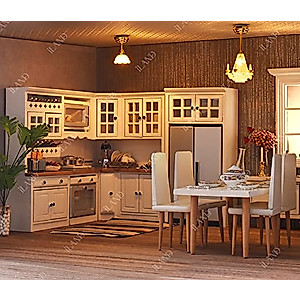iLAND Dollhouse Kitchen, Modern Dollhouse Furniture Set on 1/12 Scale Wooden White to Store Miniature Food