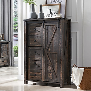 T4TREAM 5 Drawers Dresser for Bedroom w/Sliding Barn Door, Farmhouse Modern Tall Dresser 5 Chest of Drawers, Storage Organizer Dresser for Bedroom, Hallway, Living Room, Kids Room, Dark Rustic Oak