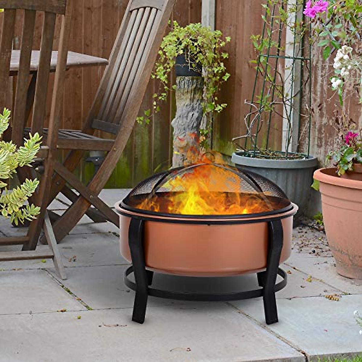 Outsunny 30 Inch Outdoor Fire Pits, Copper-Colored Round Basin Camping Fire Pit, Wood Burning Firepit Bowl with Ornate Black Base, Log Grate, Wood Poker, & Mesh Screen for Embers