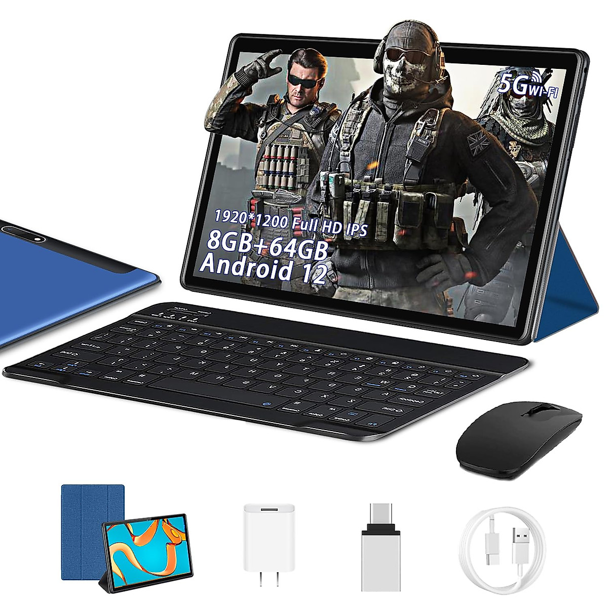 AOYODKG Tablet 2 in 1, 10.1 inch Android 11 Tablet with Keyboard, Case Mouse, 4GB RAM+64GB ROM(256GB Expand), Quad-Core Processor, 1280x800 IPS HD Display, Games, Wi-Fi, Bluetooth, AYO-A10 (Gold)