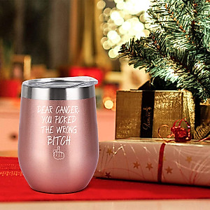 Dear Cancer You Picked The Wrong Bitch Stainless Steel Wine Tumbler, Cancer Gifts For Women, Breast Cancer Cancer Survivor Chemotherapy Gifts For Women, 12oz Insulated Wine Tumbler with Lid, Rose Gold