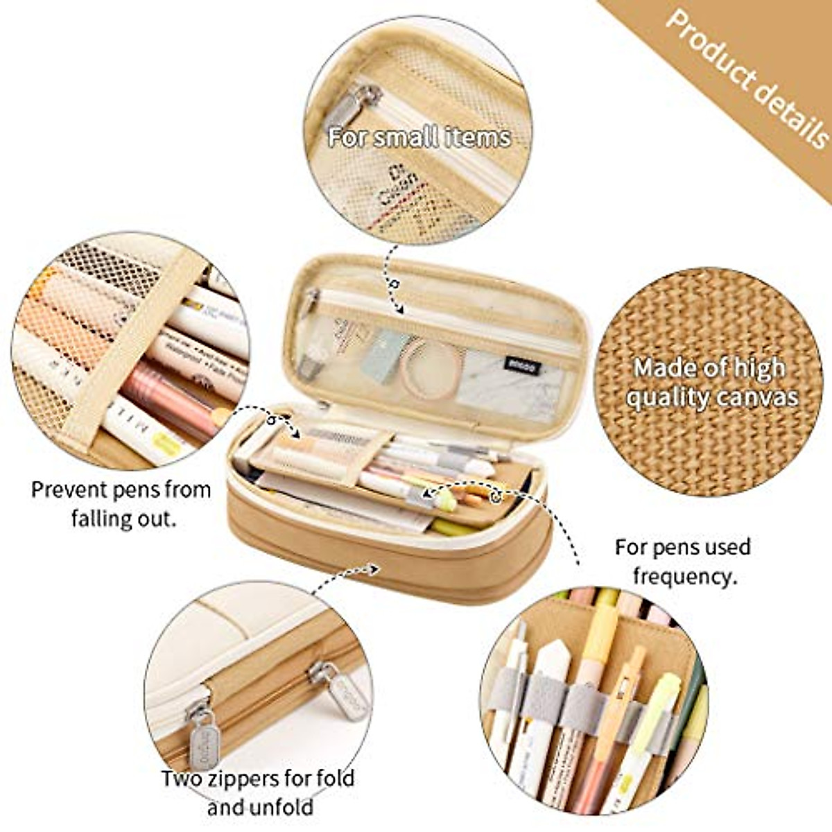 EASTHILL Big Capacity Pencil Pen Case Office College School Large Storage High Capacity Bag Pouch Holder Box Organizer Khaki