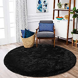 ISEAU Fluffy Round Rug Carpets, Modern Shaggy Circle Rug for Kids Bedroom Extra Comfy Cute Nursery Rug Small Circular Carpet for Boys Girls Room Home Decor Area Rug, 4ft Rugs, Black