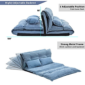 Harper & Bright Designs Floor Sofa Adjustable Lazy Sofa Bed, Foldable Mattress Futon Couch Bed with 2 Pollows, Blue