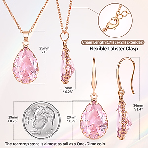Linawe Rose Gold Pink Jewelry Sets, Crystal Pendant Necklace Set Pink Earrings Dangling Imitation Diamond Rhinestone Cubic Zirconia Birthstone Teardrop Dangle Matching Wedding Set
