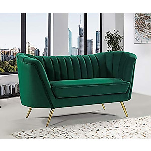 Meridian Furniture Margo Collection Modern | Contemporary Velvet Upholstered Loveseat with Deep Channel Tufting and Rich Gold Stainless Steel Legs, Green, 65" W x 30" D x 33" H