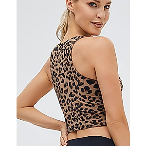Women's High Neck Crop Top Sleeveless Racer Back Basic Workout Tank Tops Shirt Khaki Leopard M