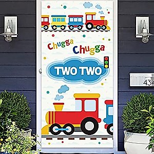 Steam Train Chugga Chugga Two Banner Backdrop Flag Favors Supplies Railroad Railway Crossing Vehicle Transportation Rhyming Story Theme Decor for 2 Year Old 2nd Birthday Party Baby Shower Decorations