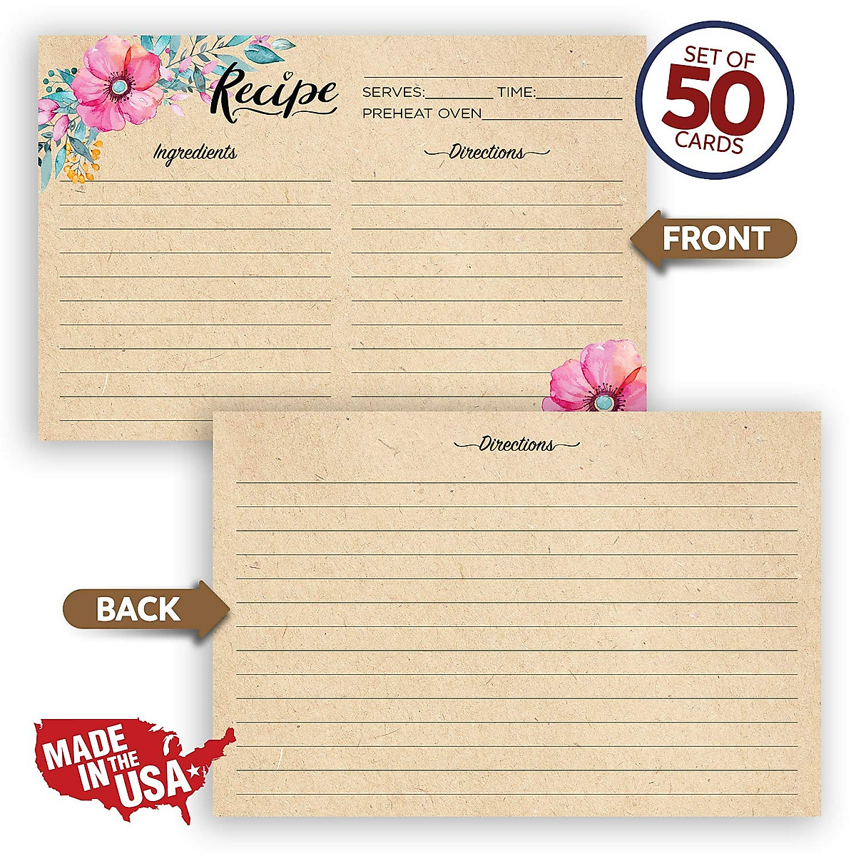 Nuah Prints Double Sided Recipe Cards 4x6 Inch, Set of 50 Thick Cardstock Recipe Cards with Lines, Easy To Write On Smooth Surface, Line Printed, Large Writing Space (Floral Kraft Look)