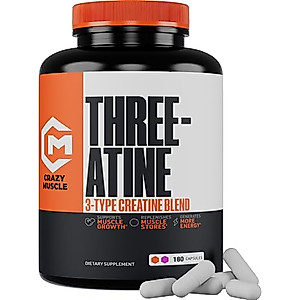 Creatine Capsules - 5g of Premium 3X ThreeAtine Pre Workout Bulk Muscle Mass Gainer - High Absorption Easy-to-Take Creatine Monohydrate Capsules Optimum Performance for Men Women - 180 Capsules